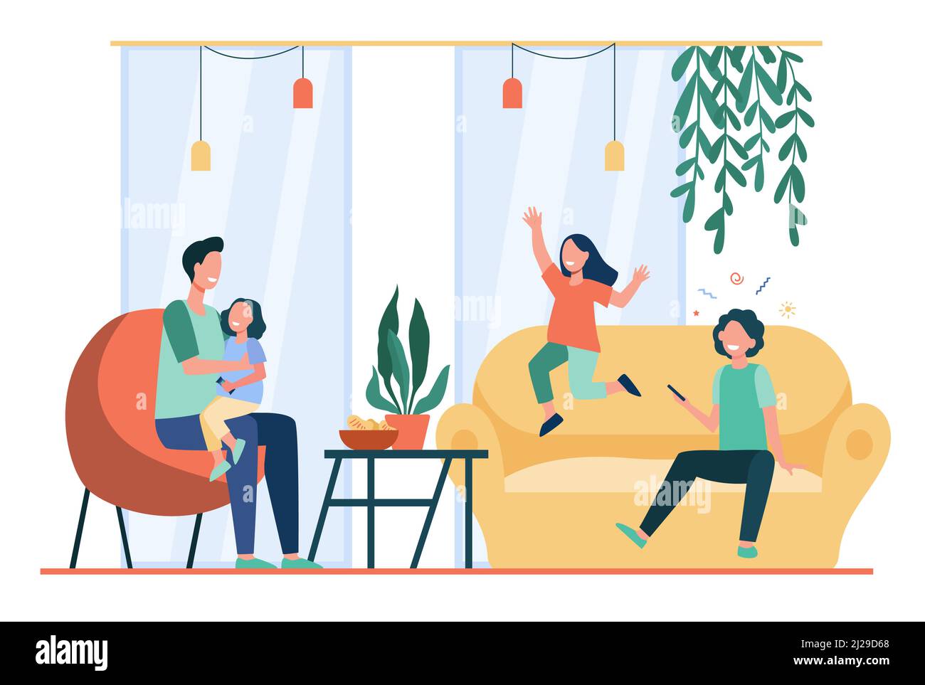 Father entertaining three kids at home. Happy children playing games ...