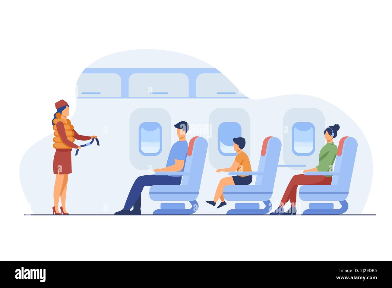 Flight attendant explaining safety instructions. Passenger, airplane ...