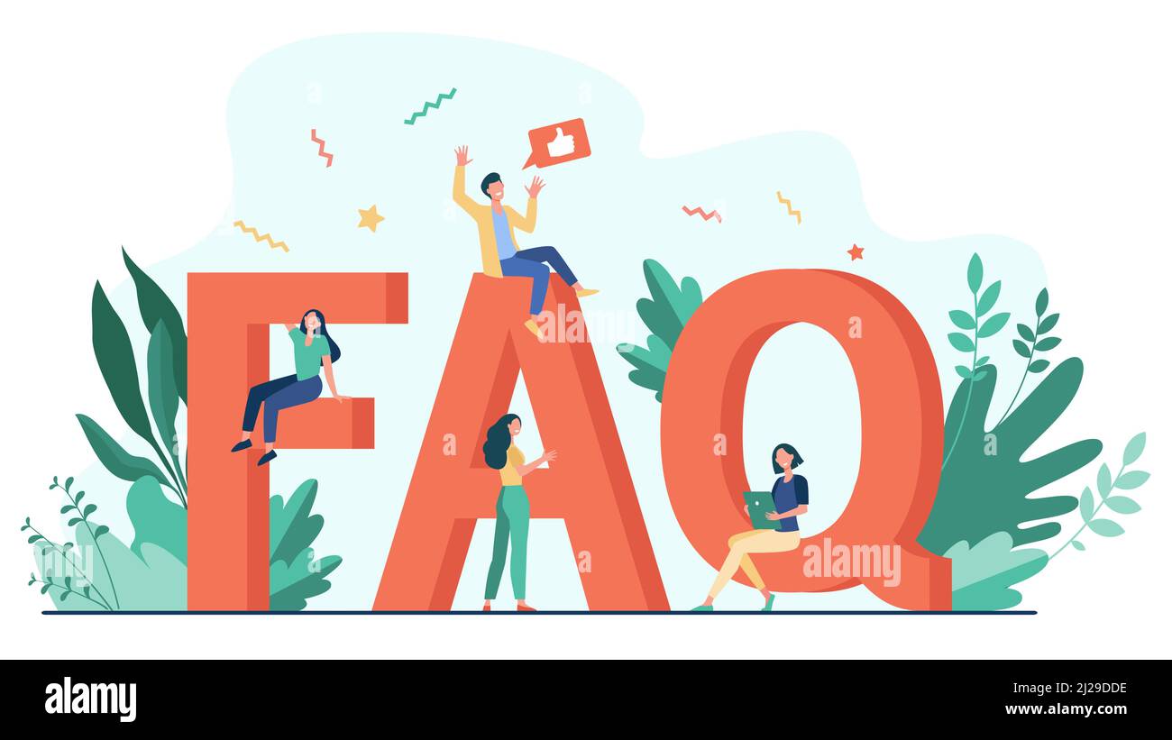 Giant FAQ and tiny people flat vector illustration. Cartoon users ...