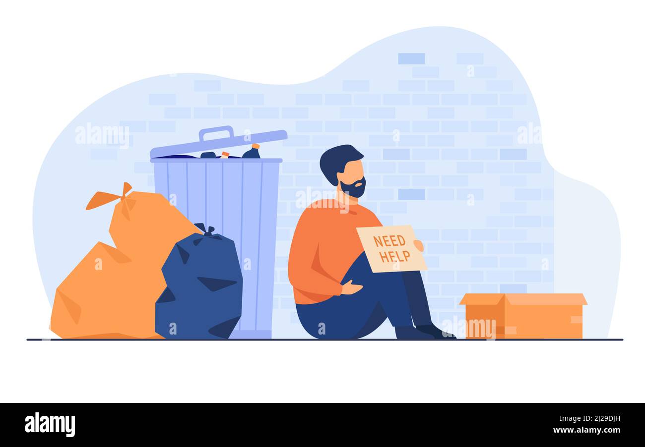 Homeless dirty man sitting on ground with nameplate need help isolated ...