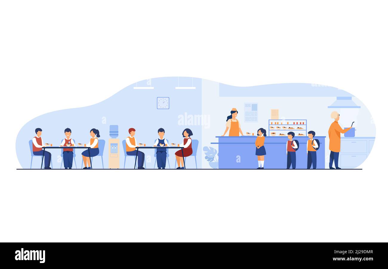 Lunch in school cafeteria concept. Teen boys and girls eating in school ...