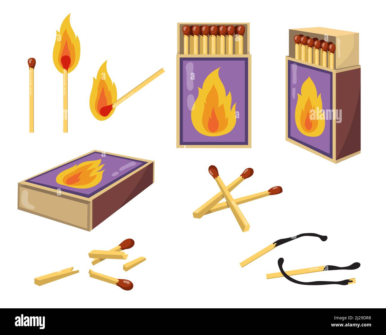 Matches and matchboxes flat illustration set. Cartoon burnt matchsticks ...