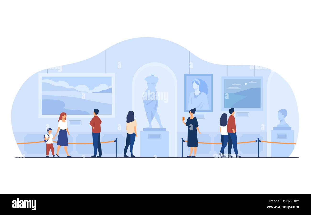 Museum visitors walking in art gallery. Tourists enjoying exposition, admiring artworks at ...