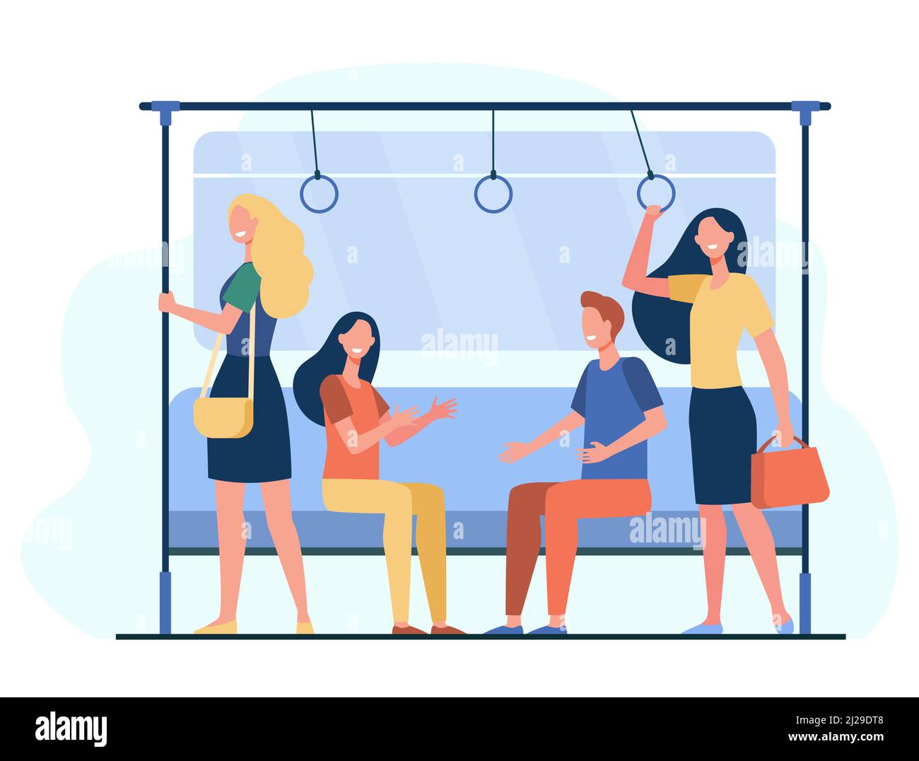 Passengers traveling by subway train. City people sitting and standing ...