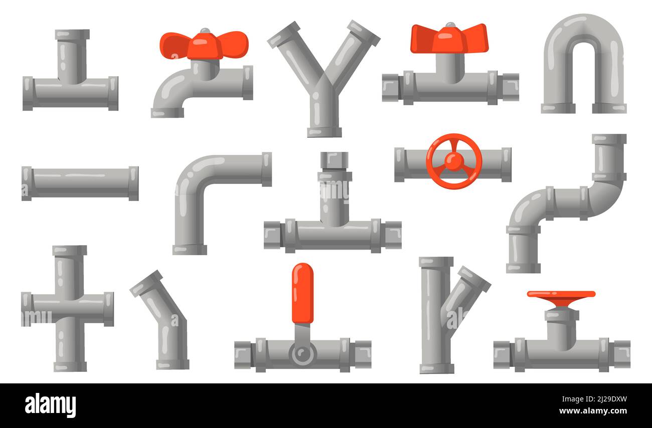 Plumbing pipes set. Grey metal tubes with valves, industrial pipelines, water drains isolated on ...