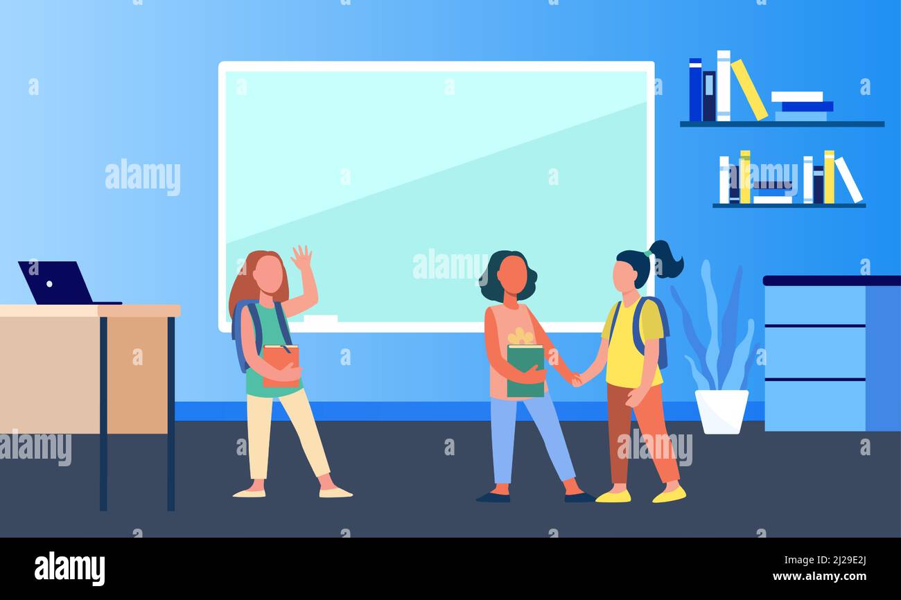 Schoolgirls meeting in classroom. Group of friends, classmates holding ...