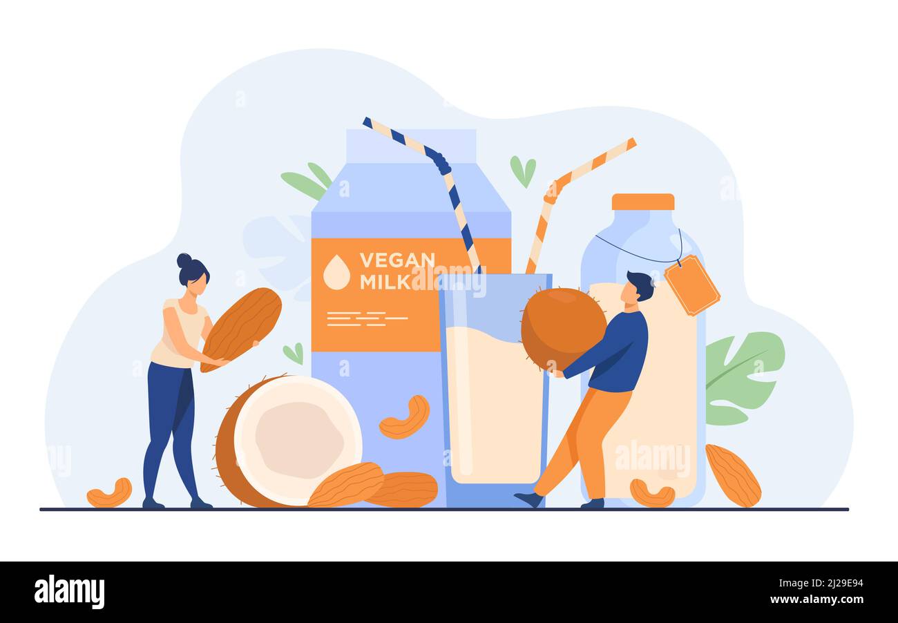 Tiny people near lactose free milk flat vector illustration. Cartoon ...