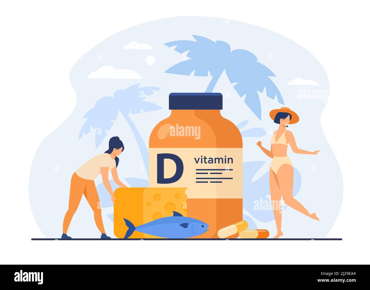 Tiny women eating fatty fish, vitamin D, cheese and sunbathing flat ...