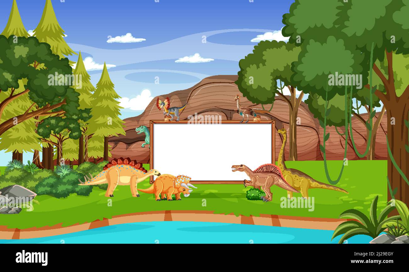 Prehistoric forest with empty board and dinosaur illustration Stock ...