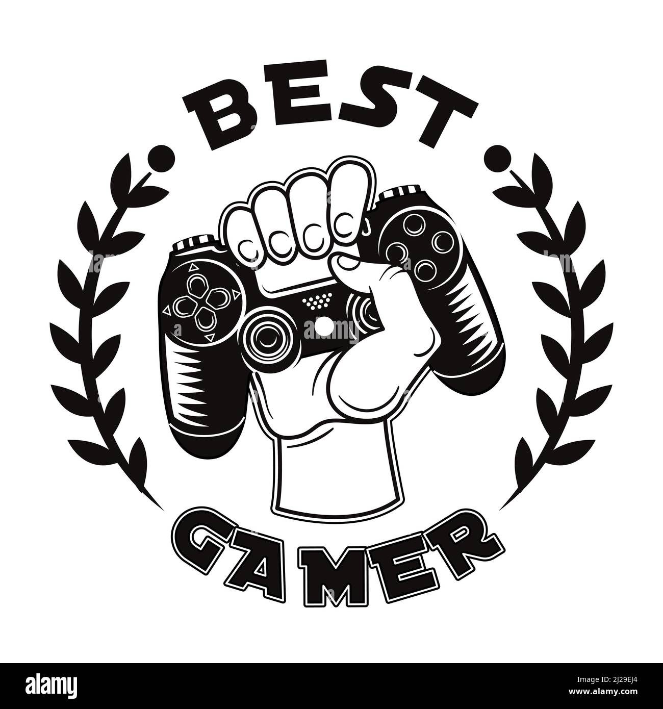 Retro best gamer badge vector illustration. Monochrome hand grasping ...