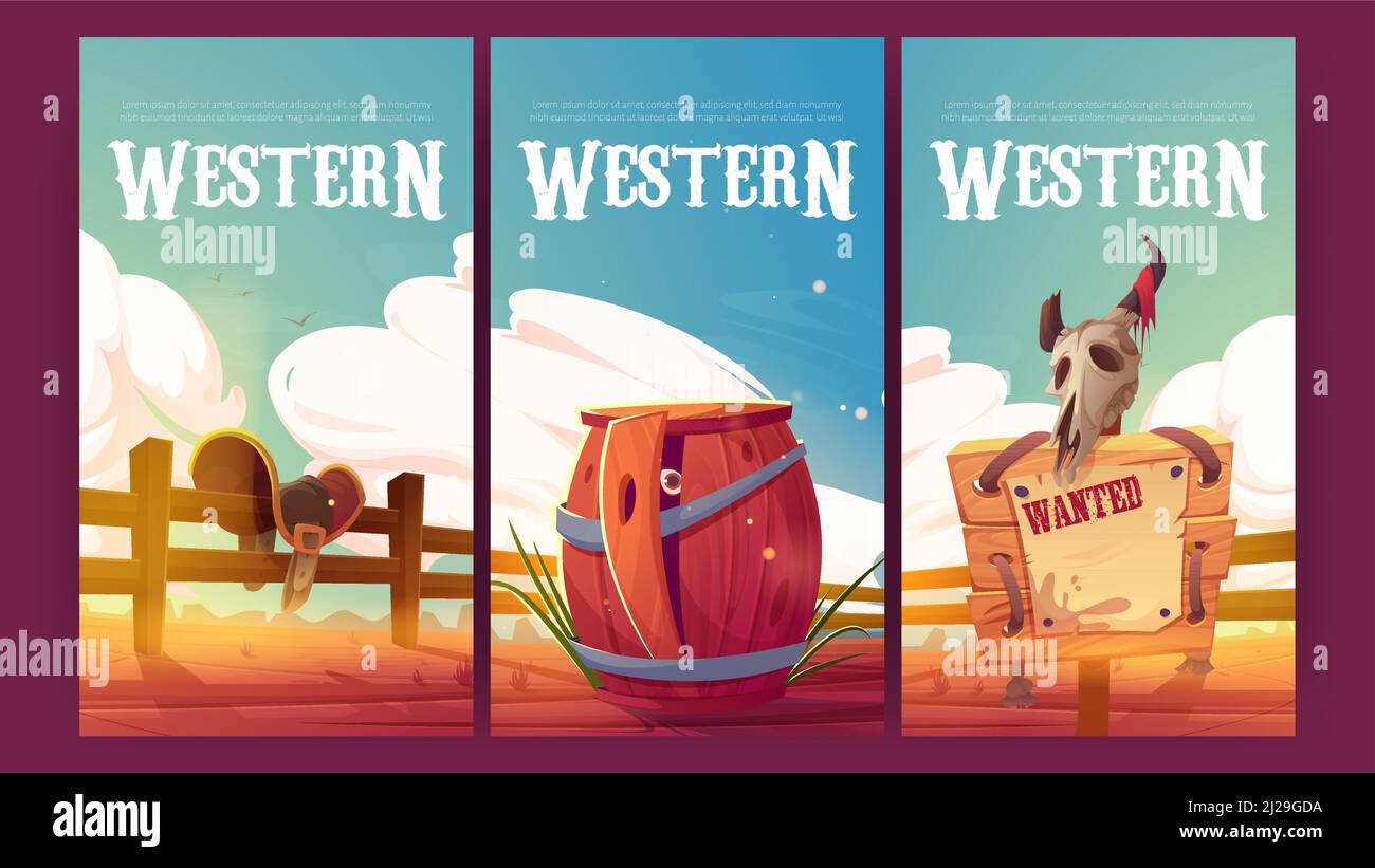 Western posters with wooden wanted sign, bull skull, horse saddle on ...