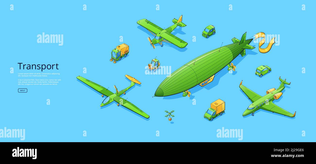 Transport poster with airplanes, blimp, truck, car, sweeper, drones ...