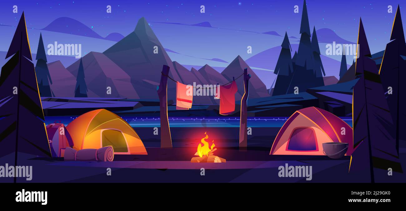 Nordic landscape with mountains and camp on river shore at night ...