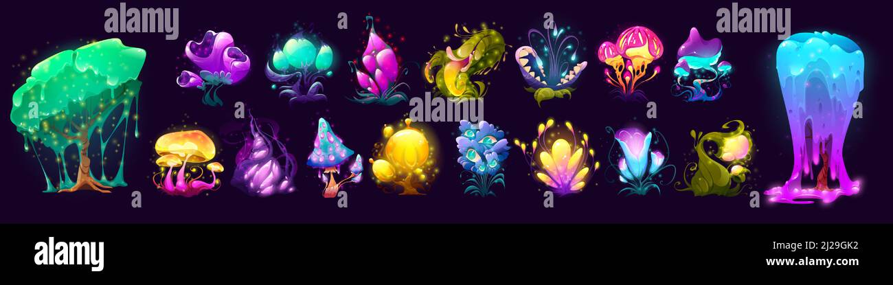 Fantasy flowers, trees, and mushrooms from alien world or planet ...