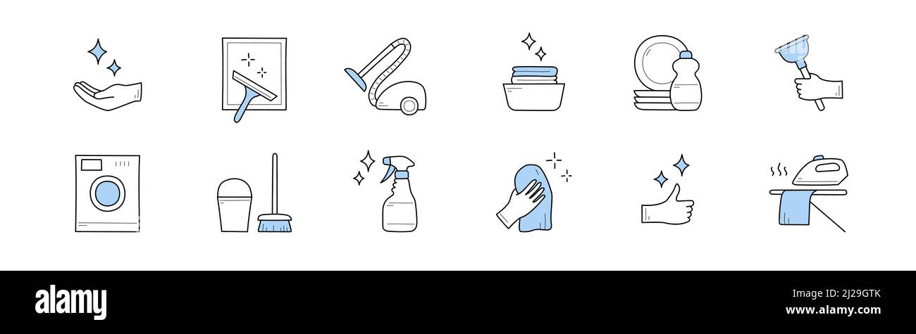 Sketch icons of cleaning service with vacuum cleaner, bucket, broom ...