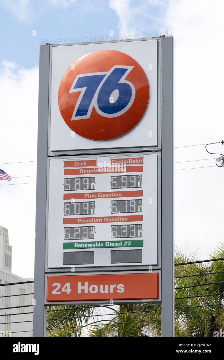 A shop sign of 76, on March 28 2022 in Los Angeles CA, USA. Photo by ...