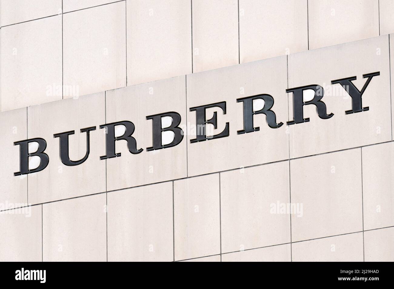 A shop sign of BURBERRY, on March 28 2022 in Los Angeles CA, USA. Photo ...