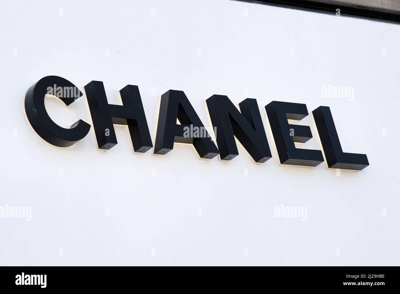 A shop sign of CHANEL, on March 28 2022 in Los Angeles CA, USA. Photo ...