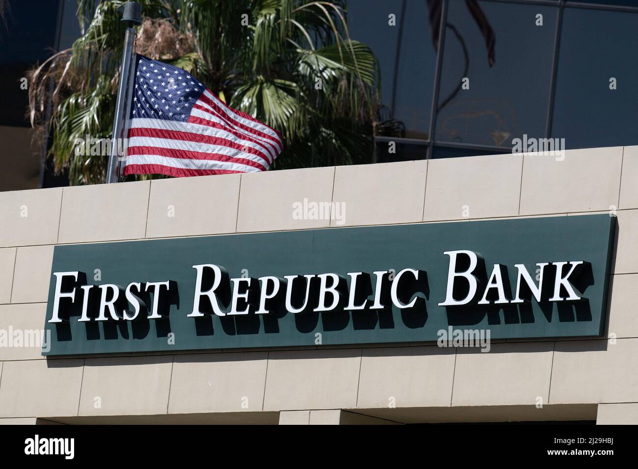 A shop sign of First Republic Bank, on March 28 2022 in Los Angeles CA ...