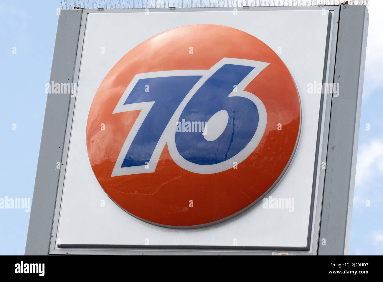 A shop sign of 76, on March 28 2022 in Los Angeles CA, USA. Photo by ...