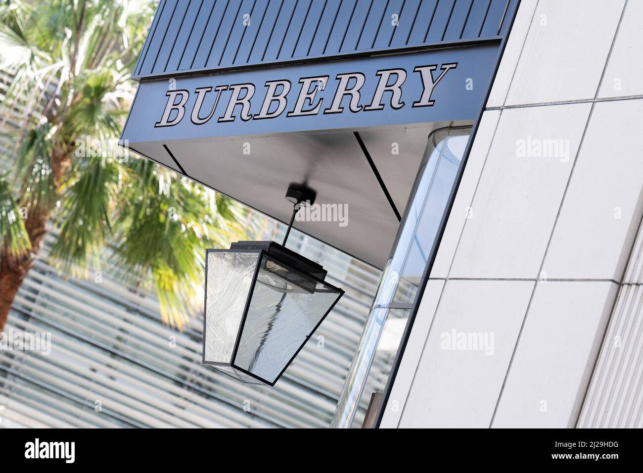 A shop sign of BURBERRY, on March 28 2022 in Los Angeles CA, USA. Photo ...