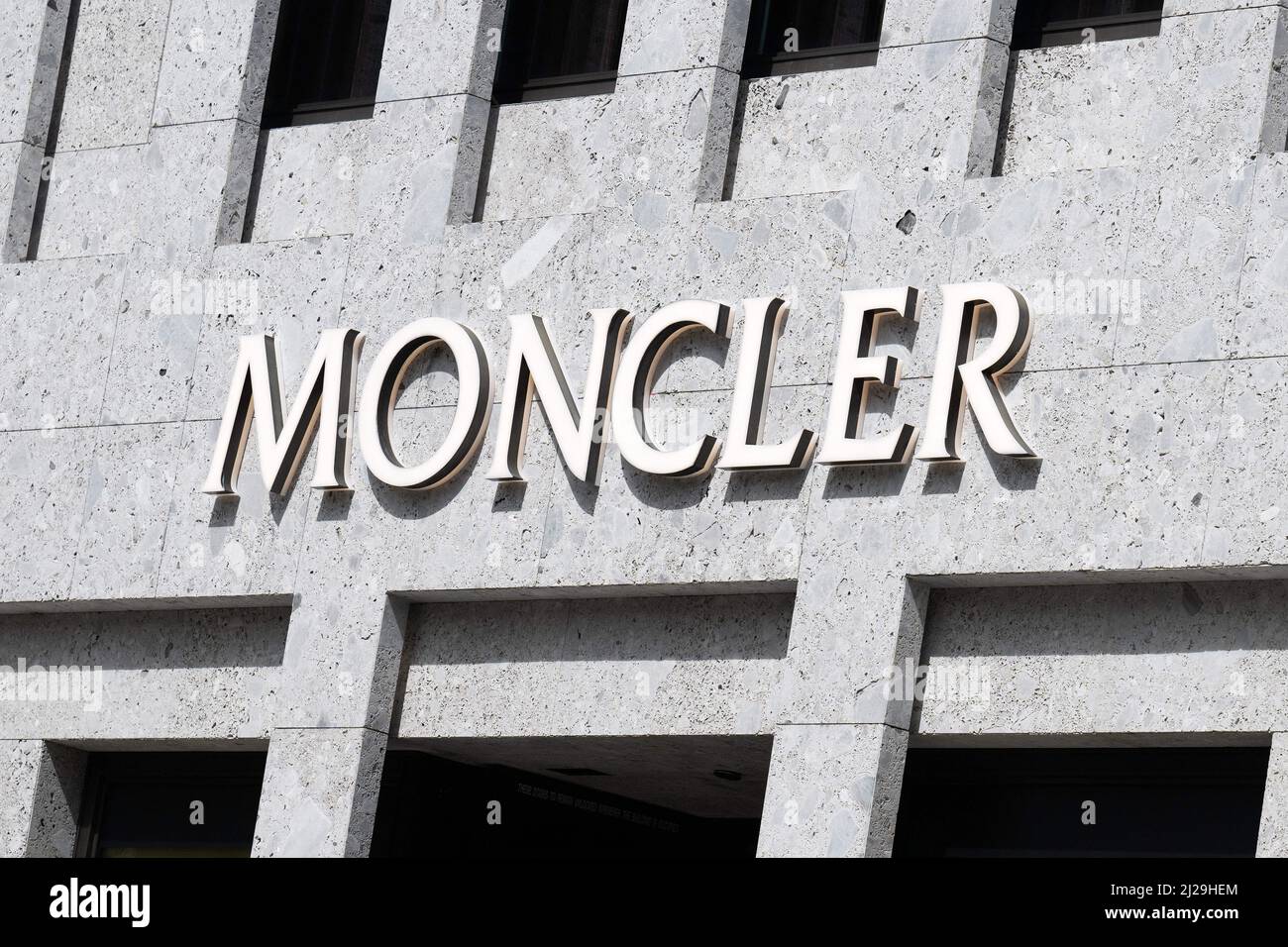 A shop sign of MONCLER, on March 28 2022 in Los Angeles CA, USA. Photo ...