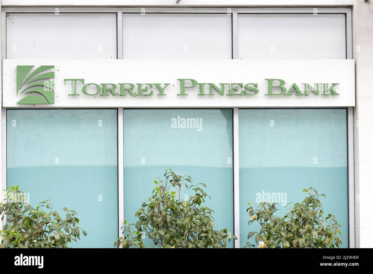 A shop sign of TORRY PINES BANK, on March 28 2022 in Los Angeles CA ...
