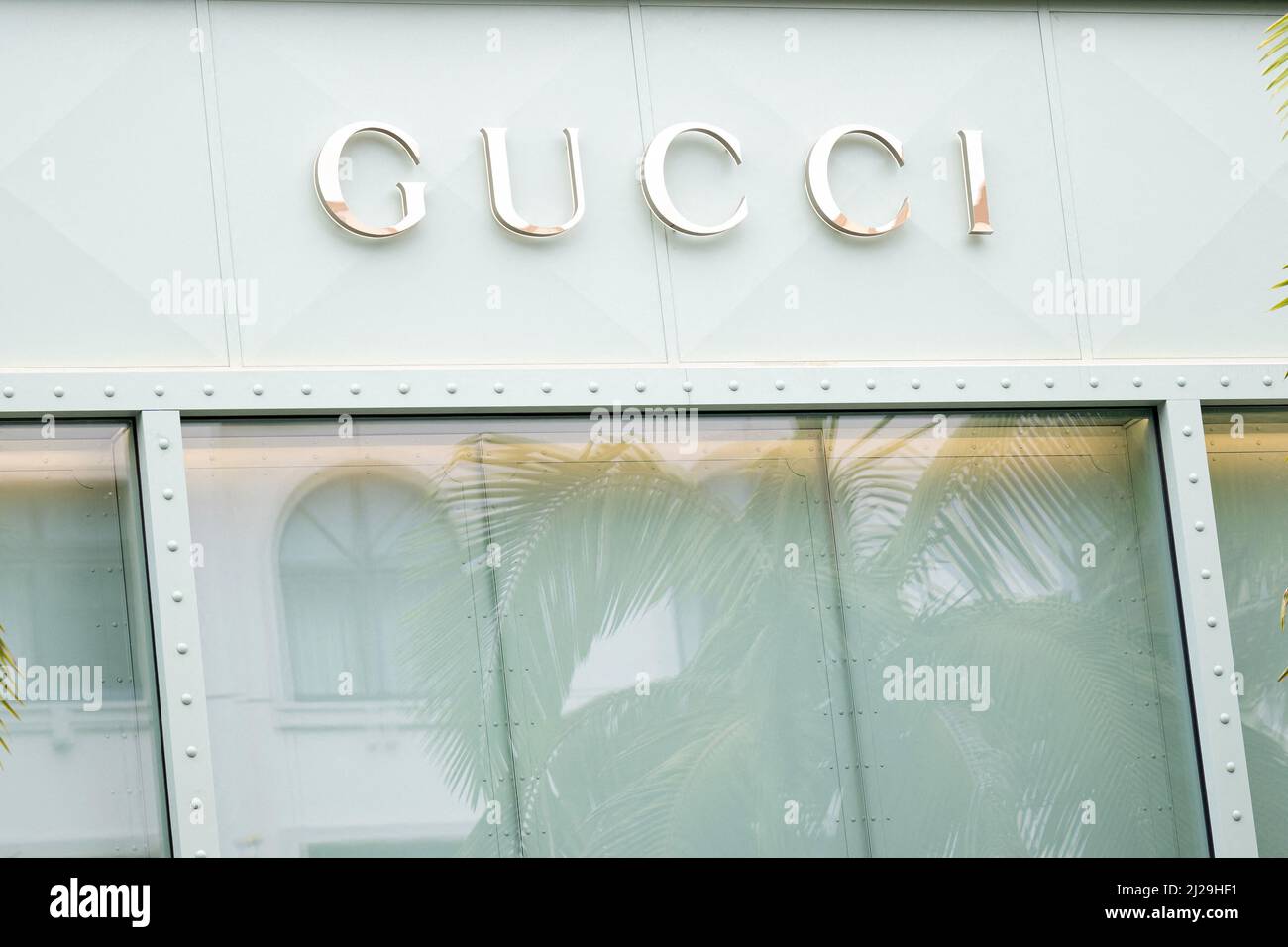 A shop sign of GUCCI, on March 28 2022 in Los Angeles CA, USA. Photo by ...