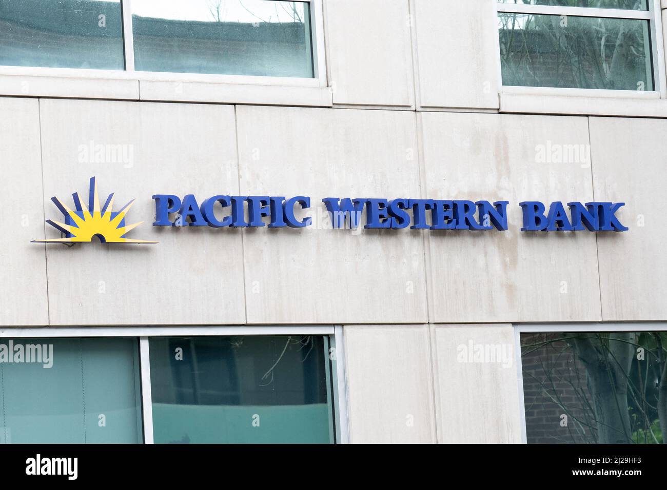 A shop sign of PACIFIC WESTERN BANK, on March 28 2022 in Los Angeles CA ...