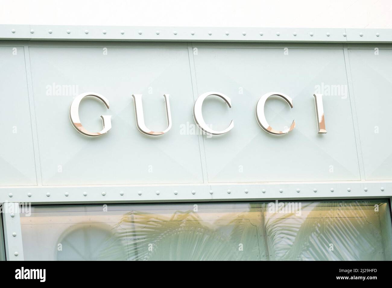 A shop sign of GUCCI, on March 28 2022 in Los Angeles CA, USA. Photo by ...