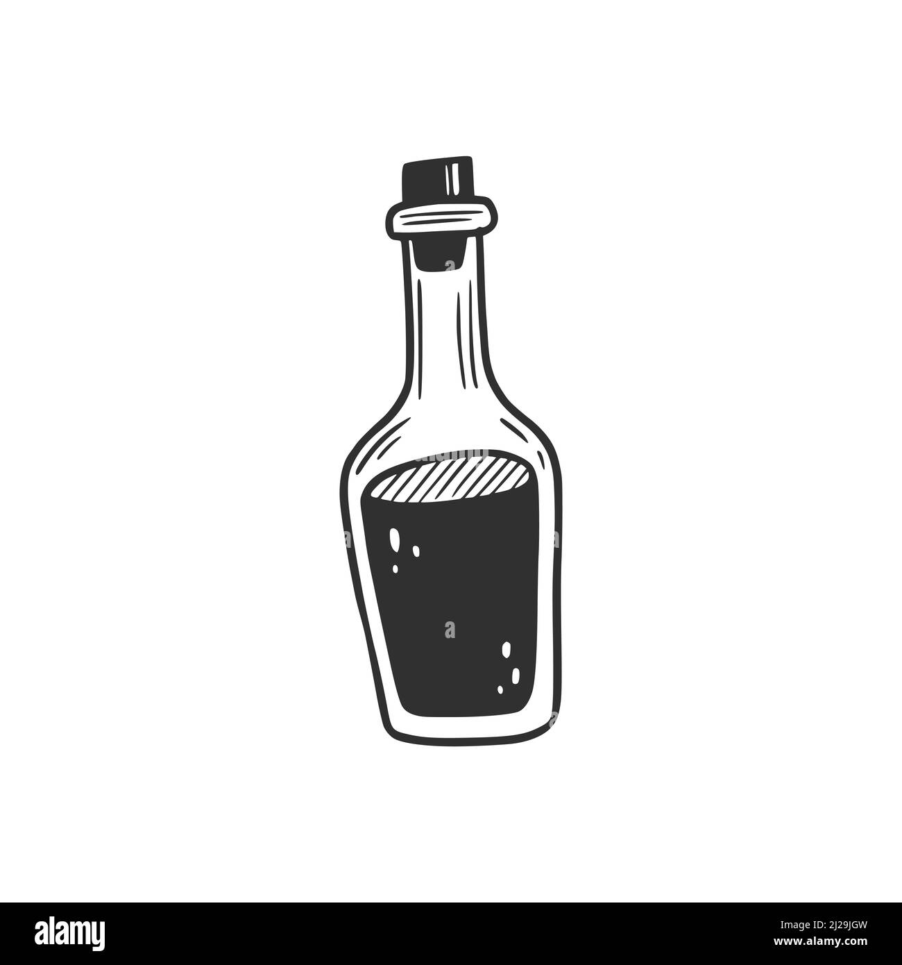Hand drawn hipster bootle with black liquid. Doodle sketch style ...