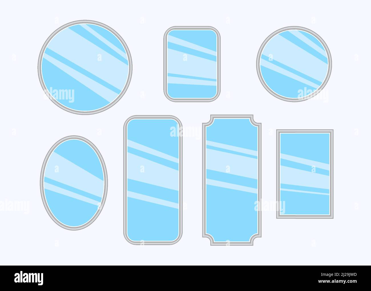 Set of different silver cartoon mirrors with reflection in minimalist ...