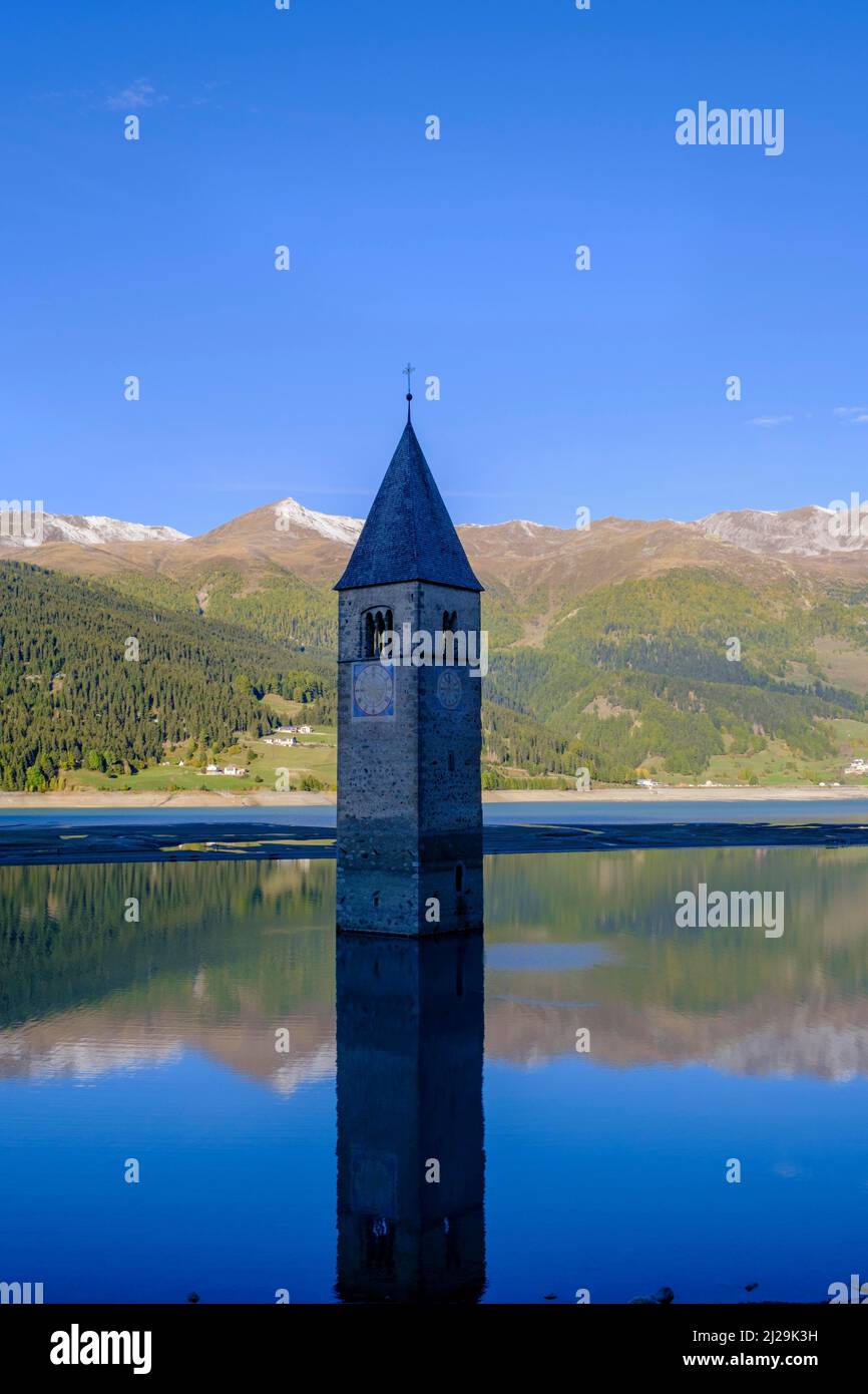 Church tower of Alt-Graun, Reschensee reservoir, Graun in Vinschgau ...