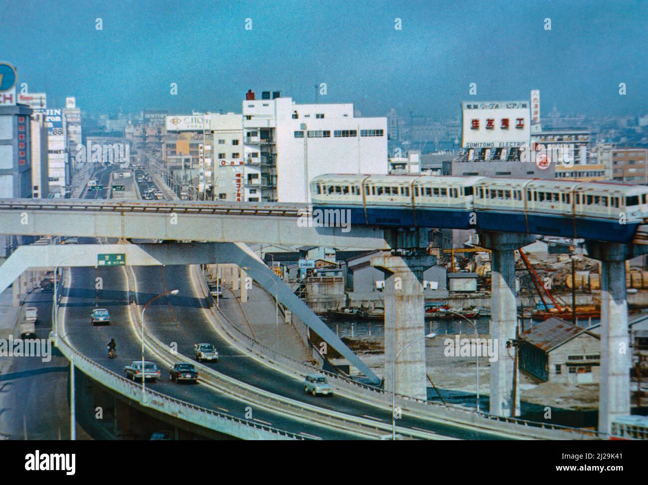 Downtown Tokyo streetscape, 1966, Japan, incorporating flyovers and ...