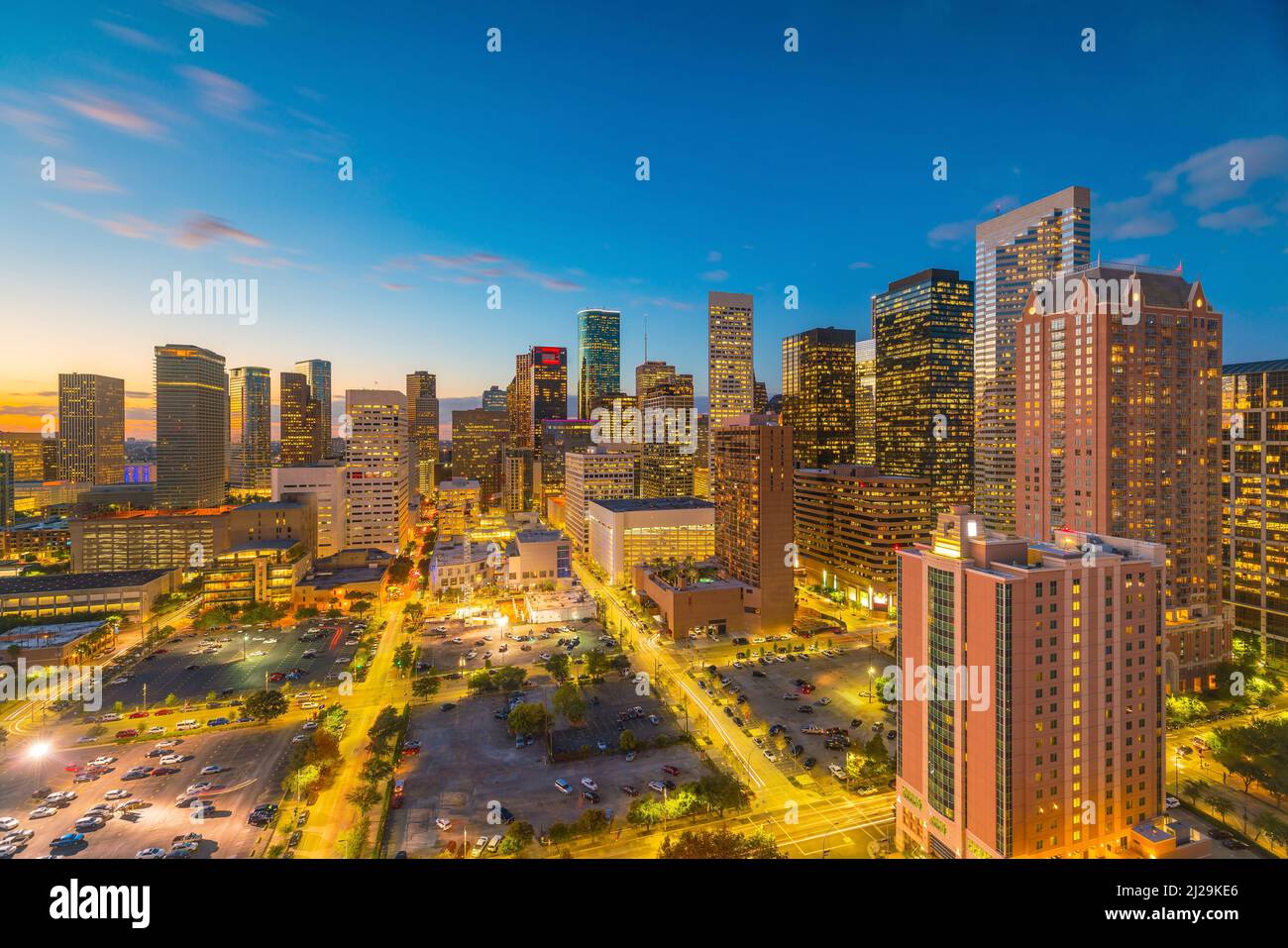 Downtown Houston skyline in Texas USA at twilight Stock Photo - Alamy