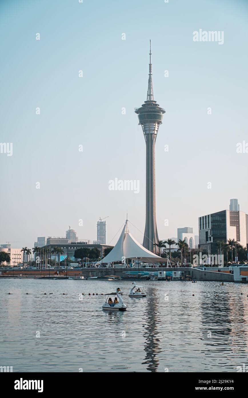Macau Tower by the sea with sky background in Macau, China Stock Photo ...