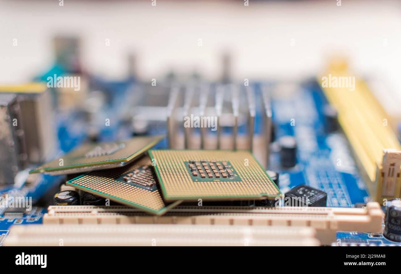Close up of a motherboard, details of a computer motherboard, detail of a motherboard socket ...