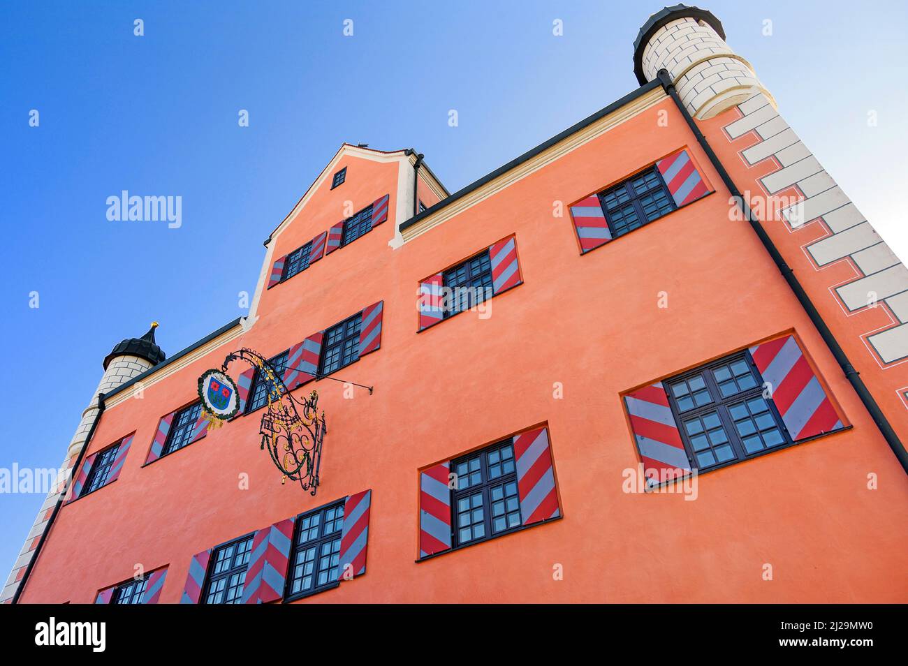 Facade with nose shield, the pink town hall, Unterthingau, Allgaeu ...