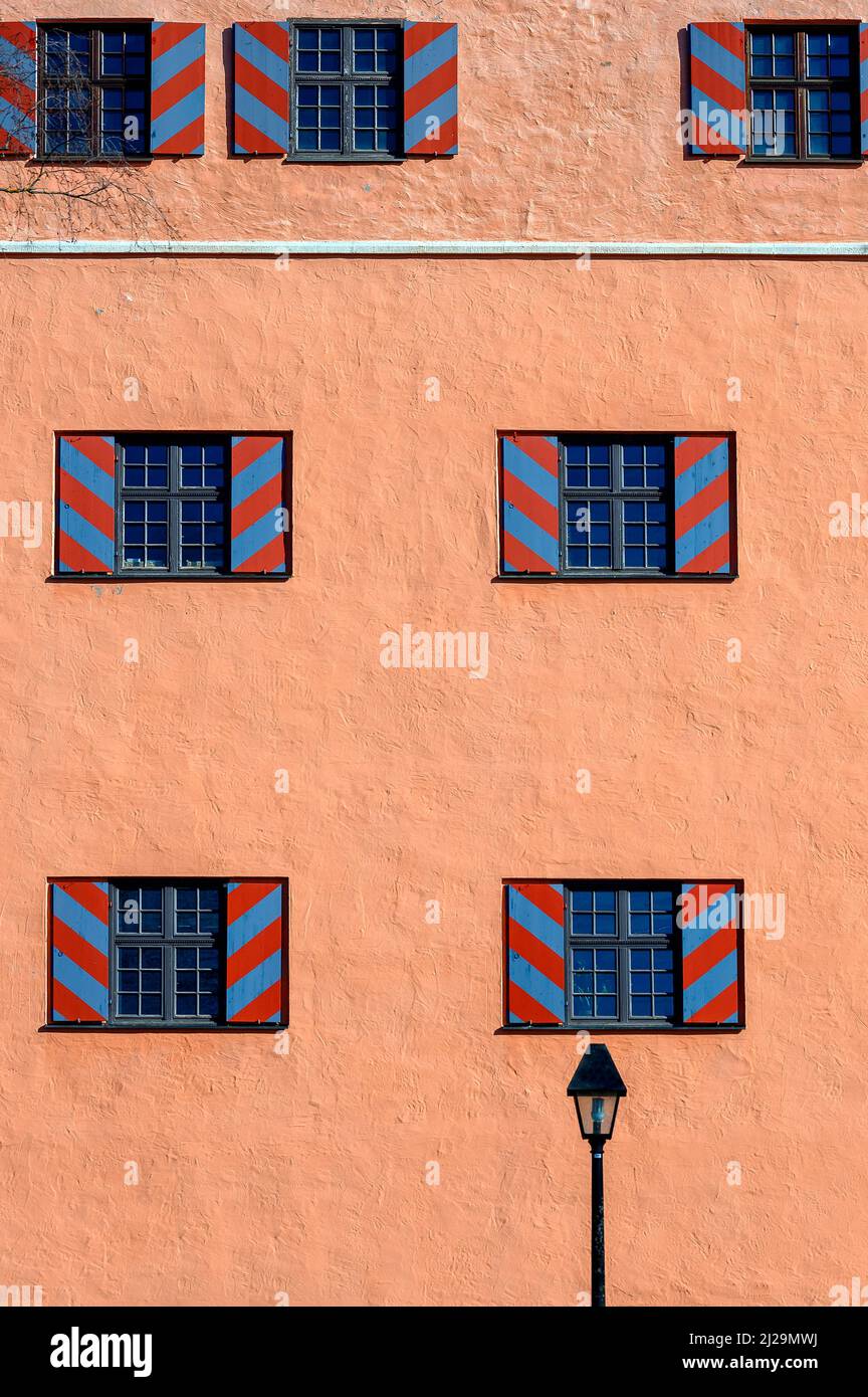 Facade, the pink town hall, Unterthingau, Allgaeu, Bavaria, Germany ...