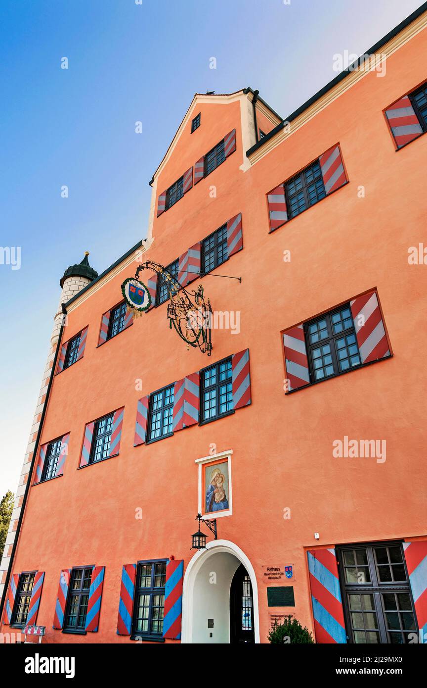 Facade, the pink town hall, Unterthingau, Allgaeu, Bavaria, Germany ...
