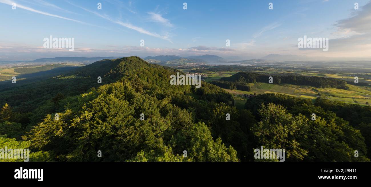 View towards the Alps from the high watchtower on the Albispass, Canton ...