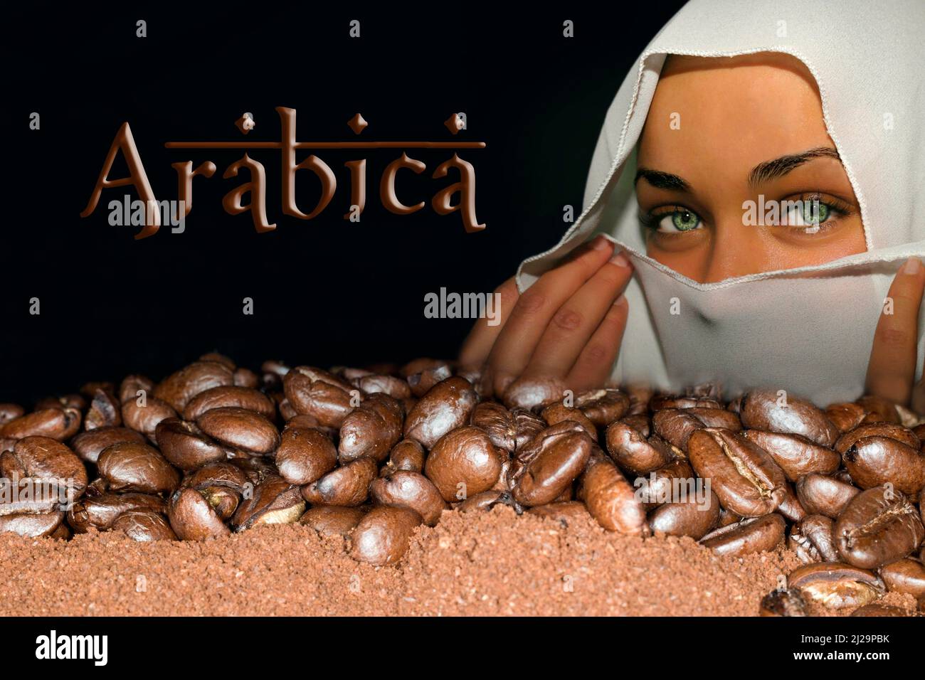 Coffee beans of the Arabica variety lying on ground coffee, in the ...