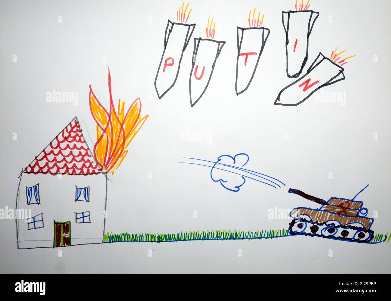 Ukraine conflict, children's drawing of the war in Ukraine, rockets ...