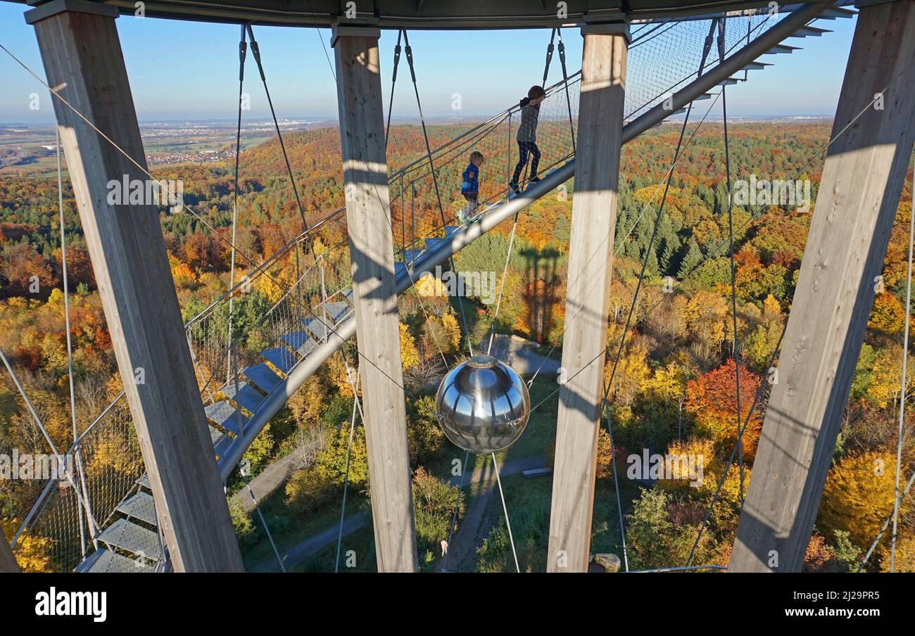 Ascent to the Schoenbuch Tower, time capsule, view of autumn forest ...