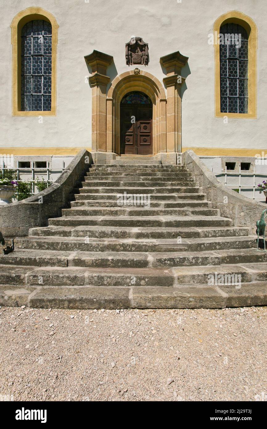 Ehrenfels Castle, simple baroque building, staircase, wooden door ...