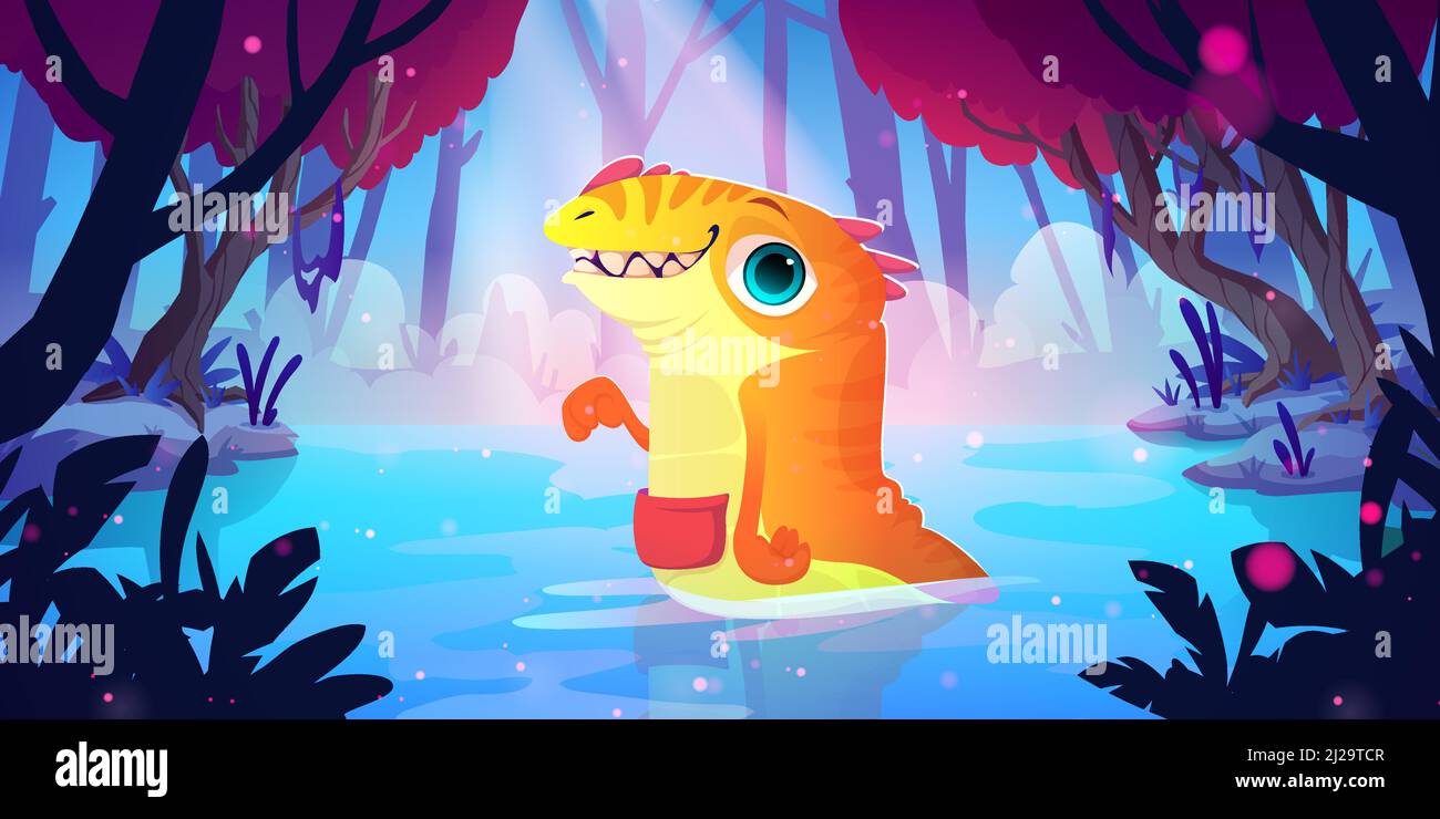 Cute orange monster in forest lake. Vector cartoon fantasy illustration ...