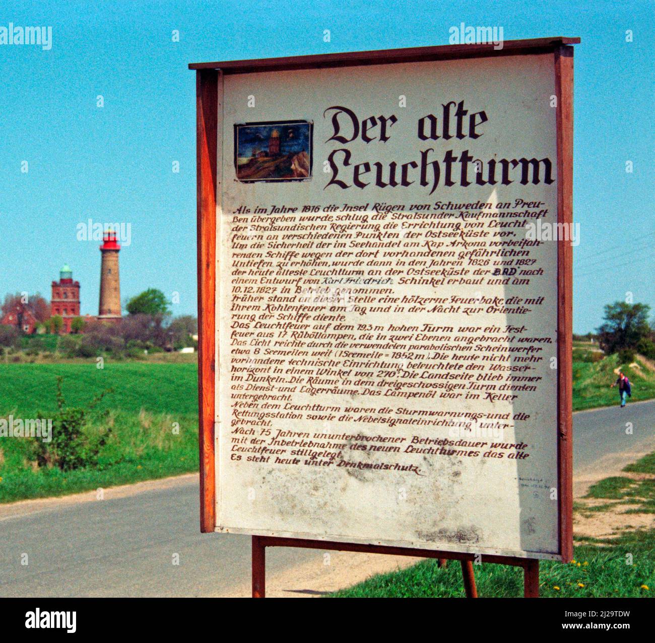 New and old lighthouse, information board with handwritten change from ...