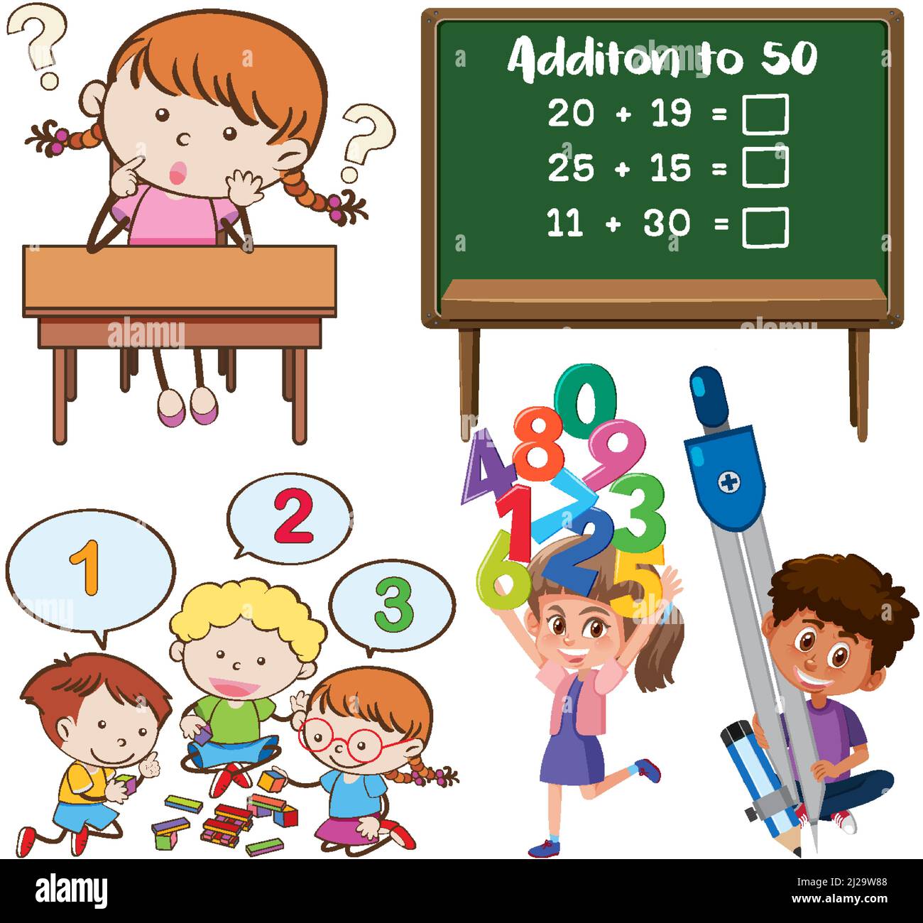 Math classroom objects with supplies and students illustration Stock ...