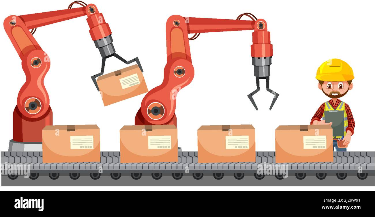 Automation industry concept with assembly line robots illustration ...