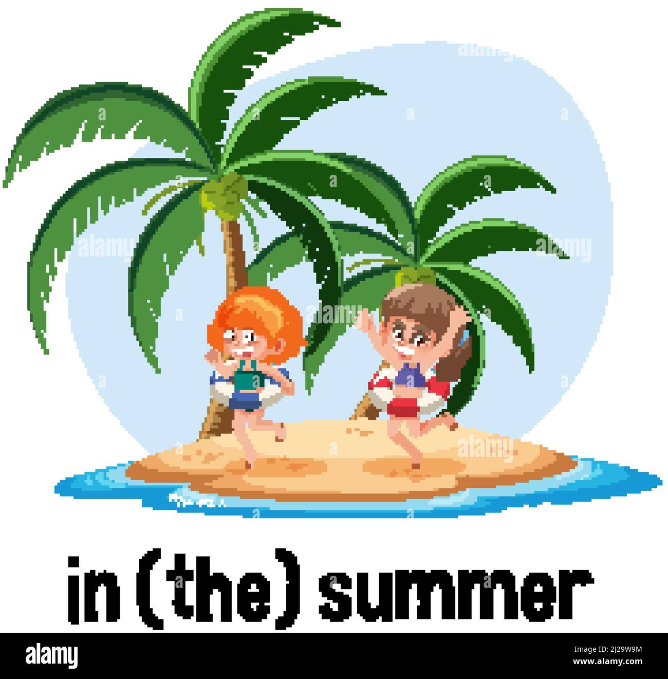 English prepositions of time with Summer scene illustration Stock ...